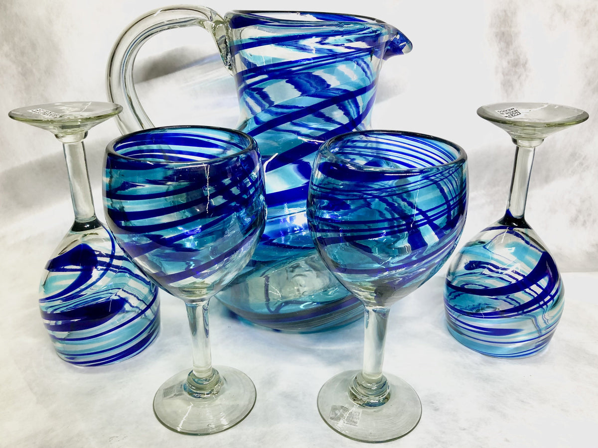 Hand Blown Ball Glass Pitcher In Blue/Turquoise/Clear – Del Sol/Off Fourth
